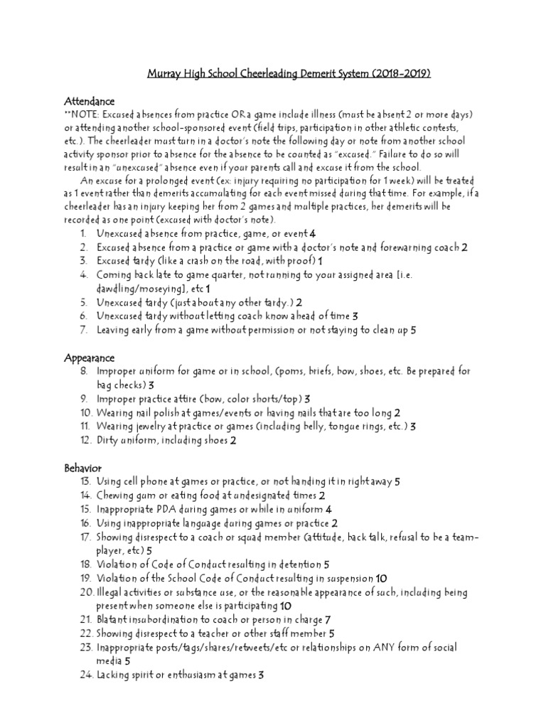 demerit schedule | Cheerleading