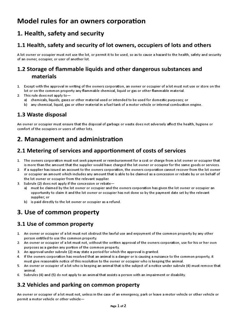 Model Rules For An Owners Corporation | PDF