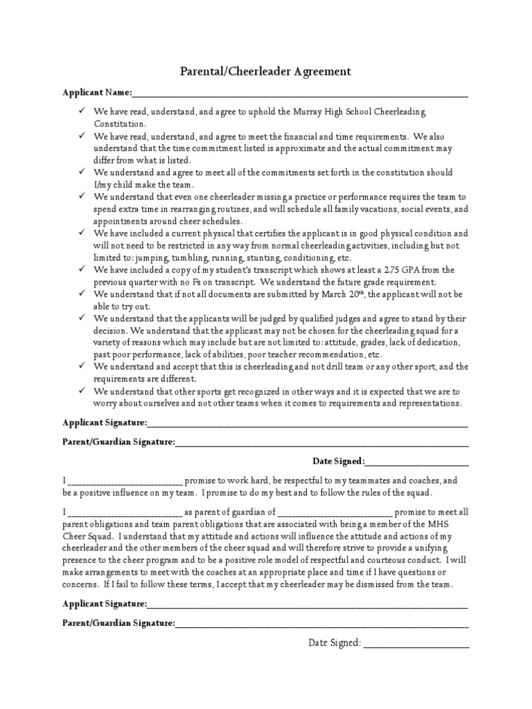 Parent and Cheerleader Agreement | PDF | Cheerleading | Justice