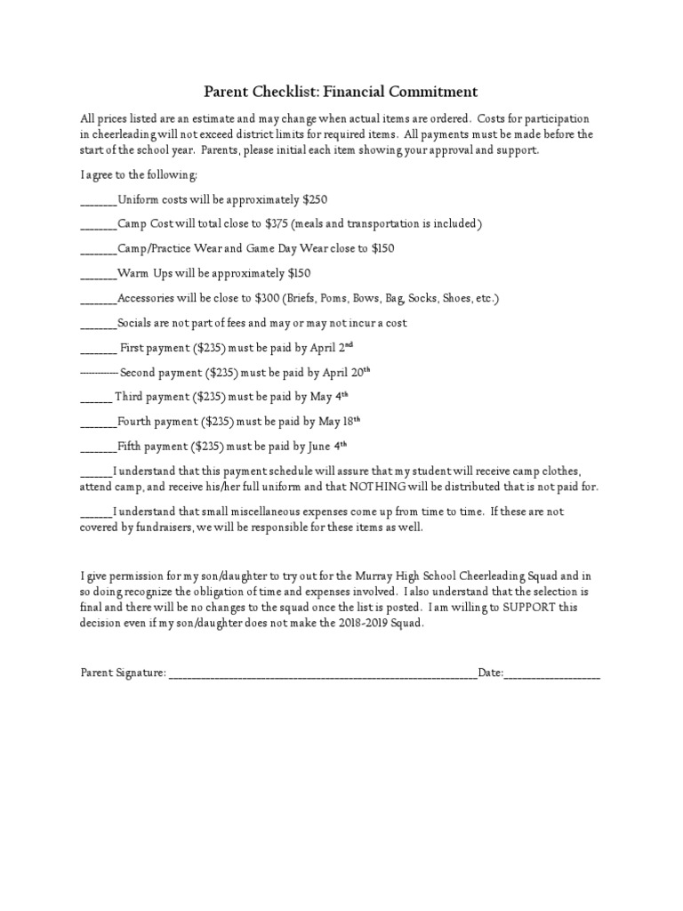 Parent Checklist Financial Commitment | PDF