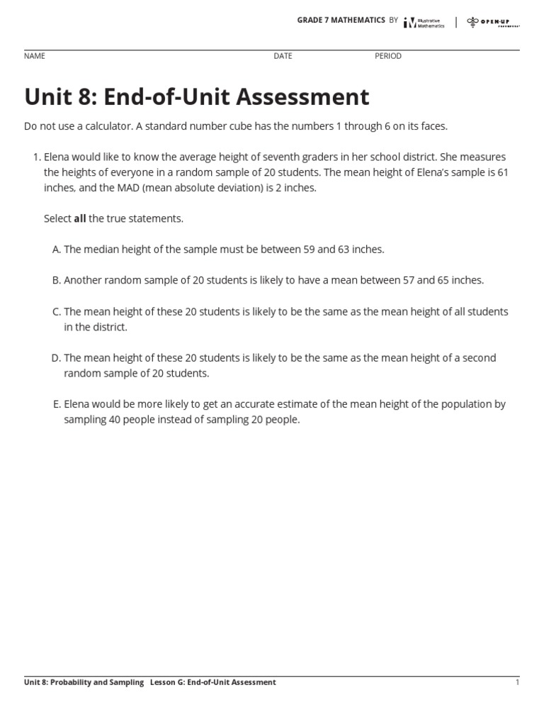 End of Unit Assessment | PDF | Mean | Sampling (Statistics)