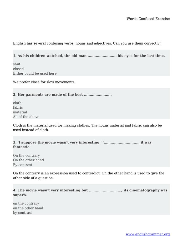Words Confused Exercise | PDF | Textiles | Noun