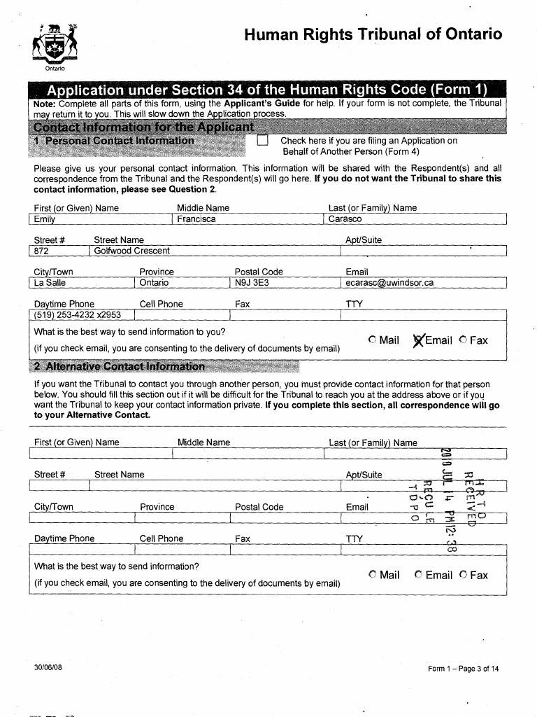 2010.07.14 HRTO Complaint Carasco v. University of Windsor Et Al. Form ...