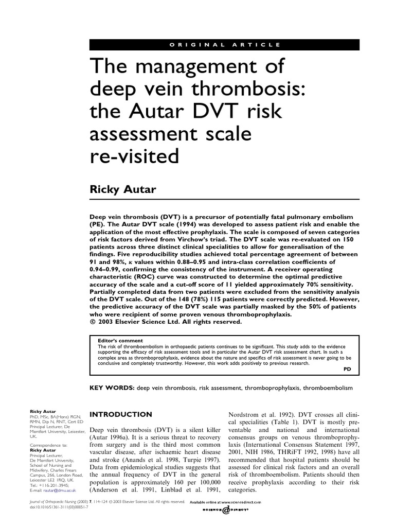 The management of deep vein thrombosis: the Autar DVT risk assessment ...