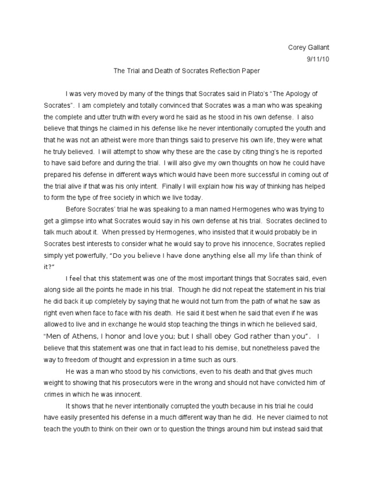 Trial and Death of Socrates Reflection Paper | PDF | Socrates | Atheism