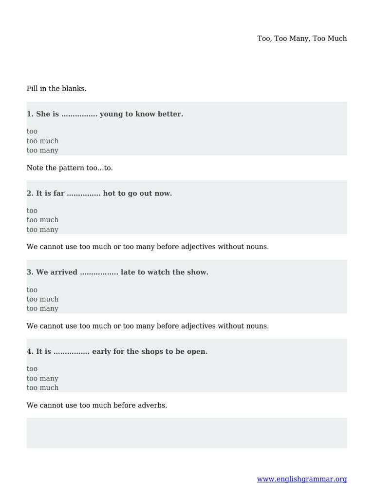 Too, Too Many, Too Much | PDF | Adjective | Noun