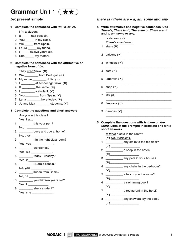 Grammar Unit 1: Be: Present Simple There Is / There Are + A, An, Some ...