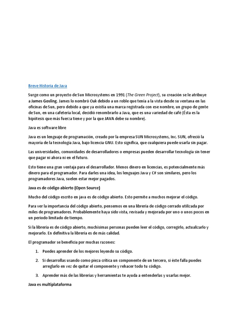 Breve Historia de Java | PDF | Objeto (informática) | Java (lenguaje de ...
