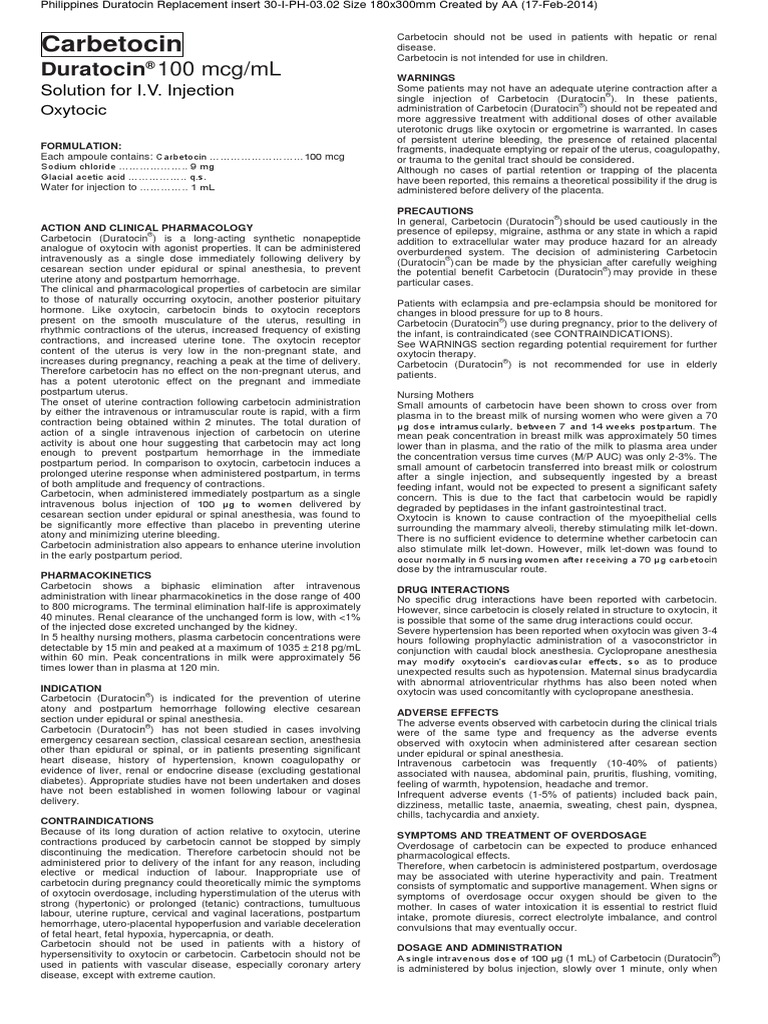 Carbetocin: 100 MCG/ML | PDF | Pharmacology | Medical Specialties