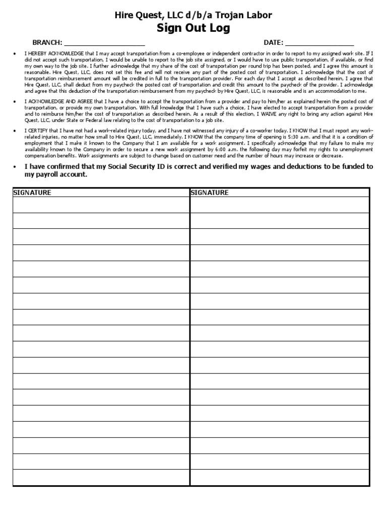 Sign Out Log: Hire Quest, LLC D/b/a Trojan Labor | PDF | Paycheck | Payroll