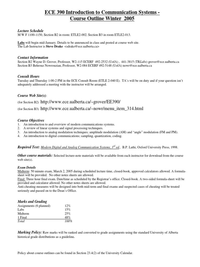 ECE 390 Introduction To Communication Systems - Course Outline Winter ...