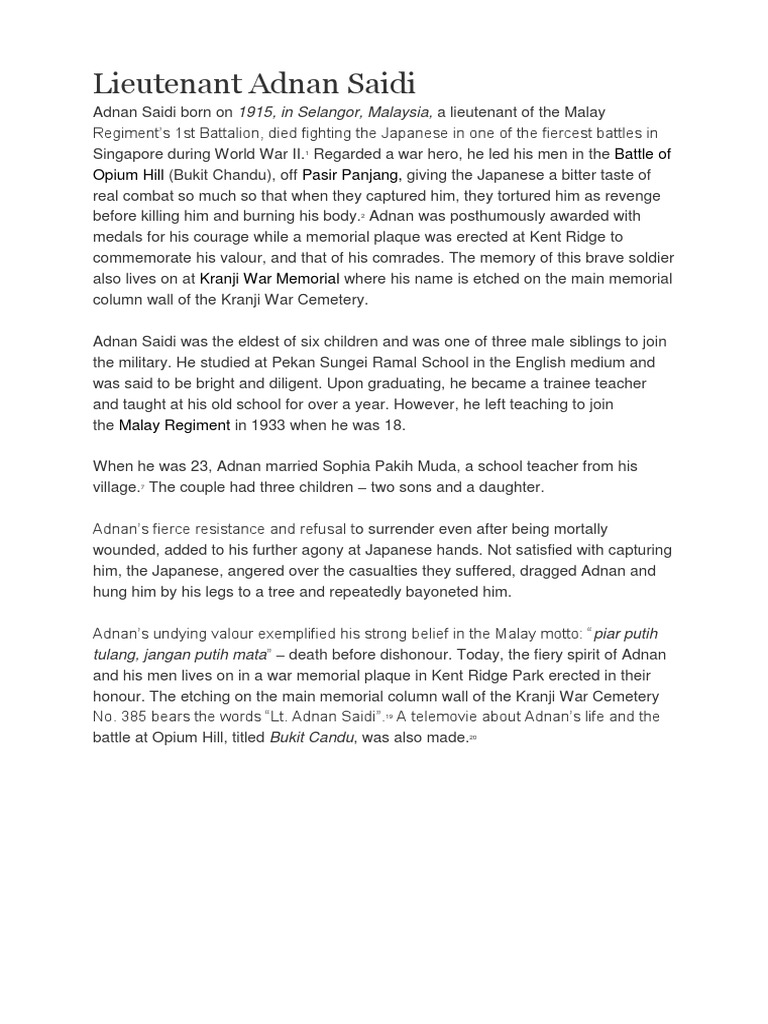 Lieutenant Adnan Saidi: Battle of Opium Hill Pasir Panjang | PDF ...