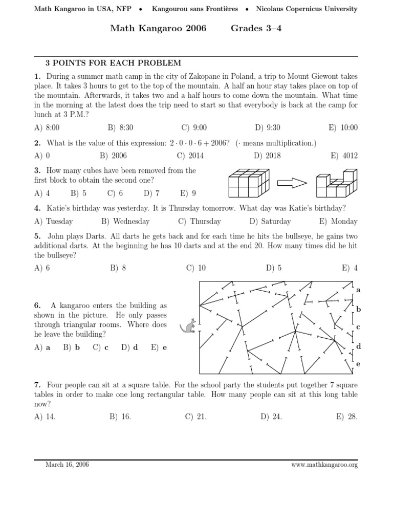 Math Kangaroo 2006 Grades 3-4 | PDF | Teaching Mathematics | Leisure