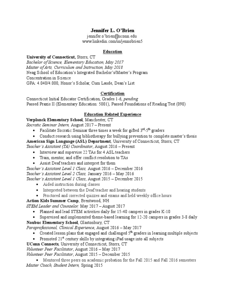 Obrien-Jennifer-Resume 2 1 2 | Download Free PDF | Primary Education | Mentorship