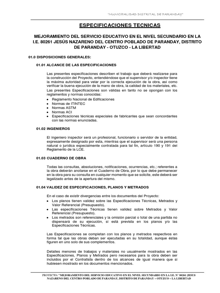 ESPEC. TECNICAS - Ok | PDF | Fundación (Ingeniería) | Cemento