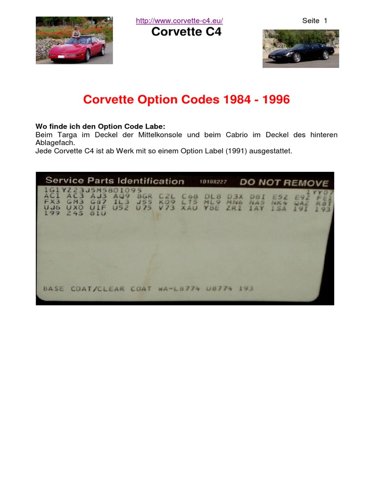 Corvette Option Codes 1984 - 1996 | PDF | Automotive Technologies ...