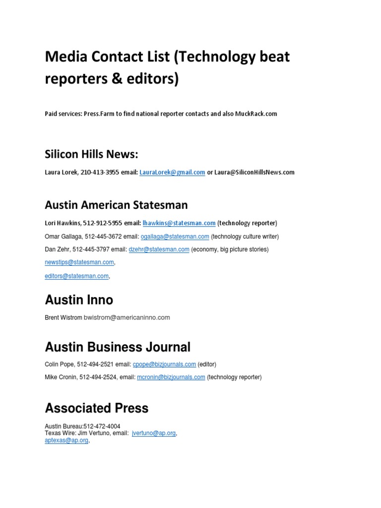 Media Contact List (Technology Beat Reporters & Editors) : Silicon ...