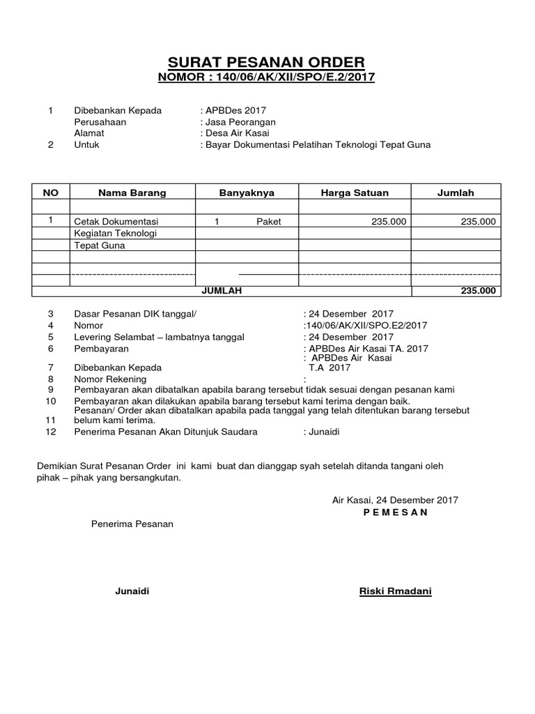 Surat Pesanan Order | PDF