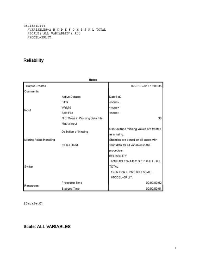 Reliability: Reliability /variables Abcdefghijkltotal /scale ('All Variables') All /model Split ...
