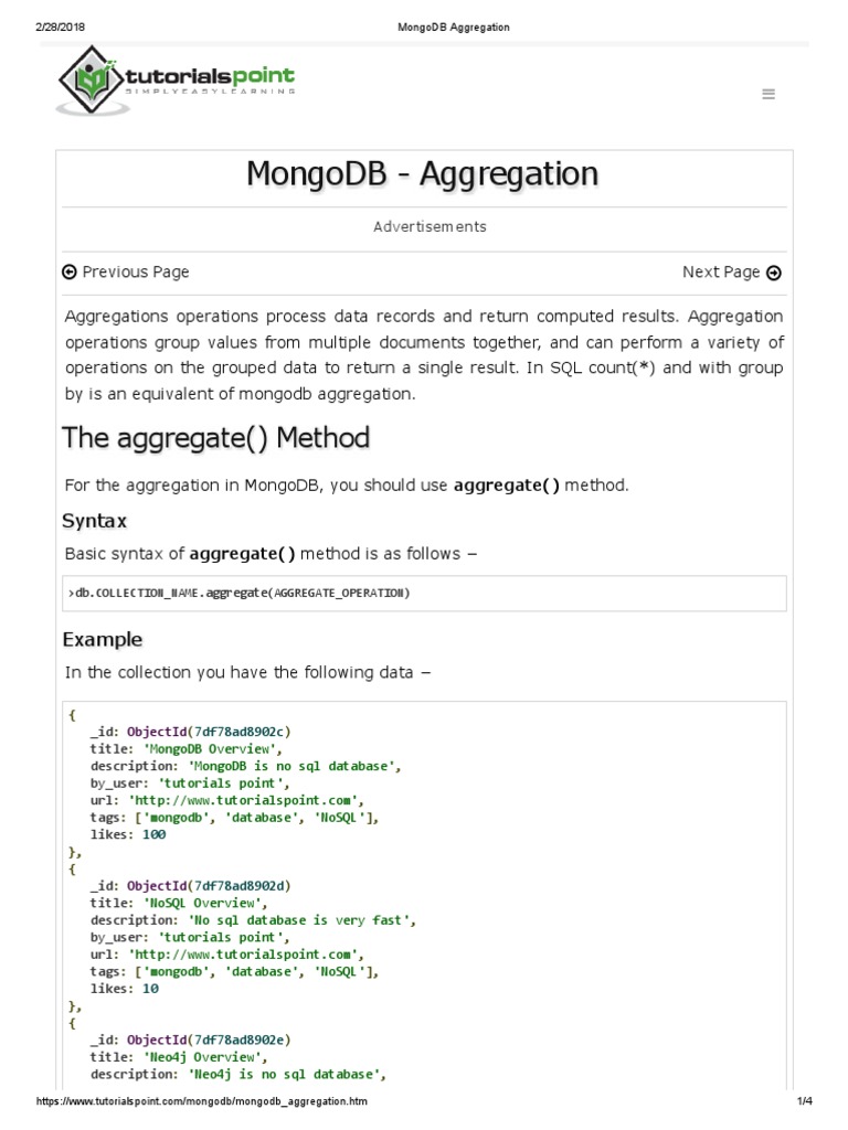 Mongodb Aggregation Pdf Mongo Db No Sql