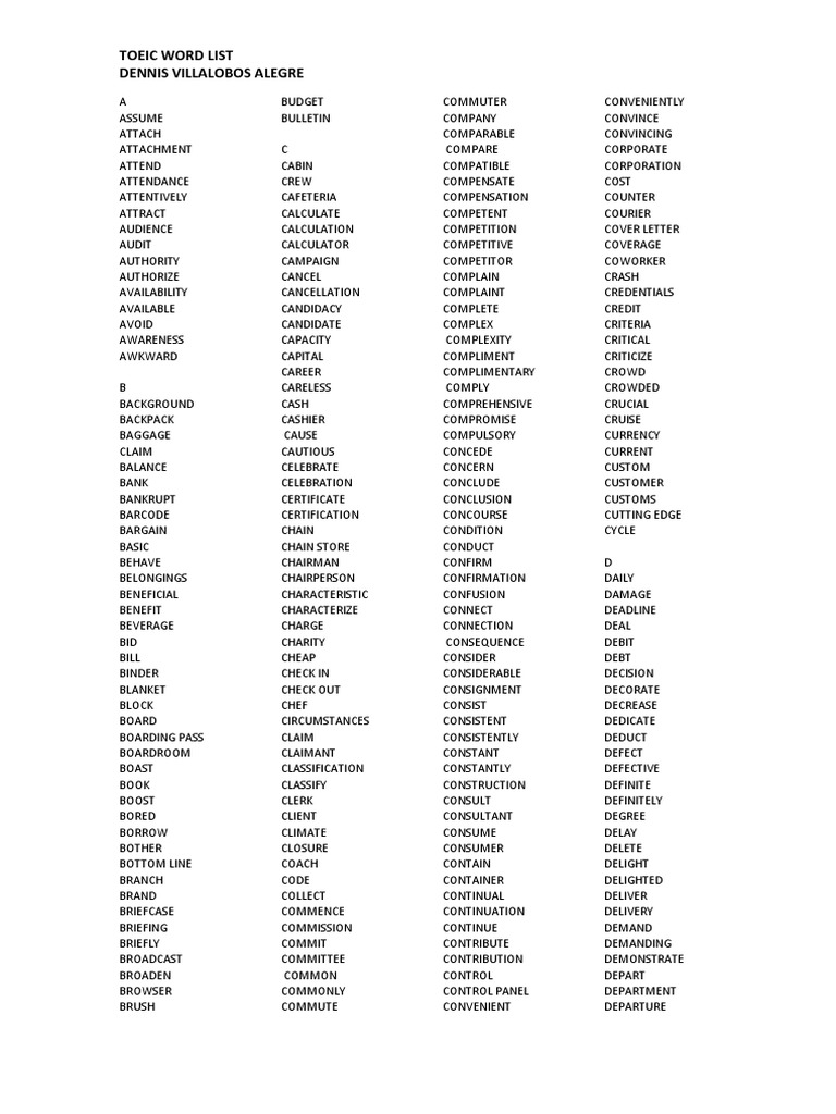 Toeic Word List Dennis Villalobos Alegre | PDF | Business | Economies