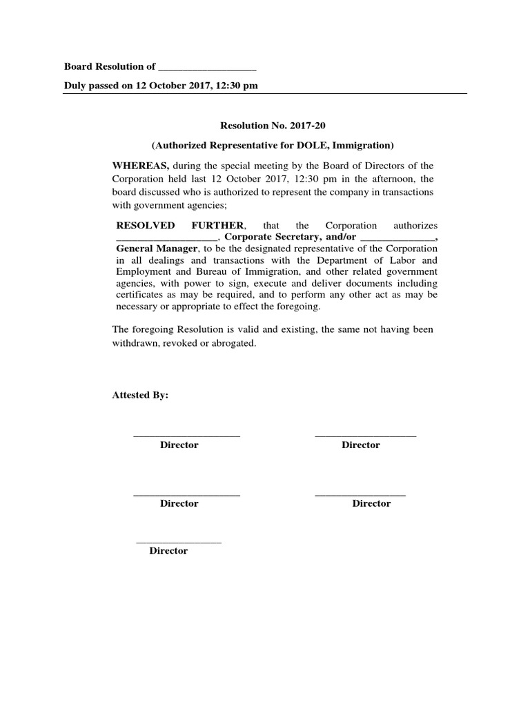 Sample Board Resolution (Authorized Representative DOLE) | Download ...