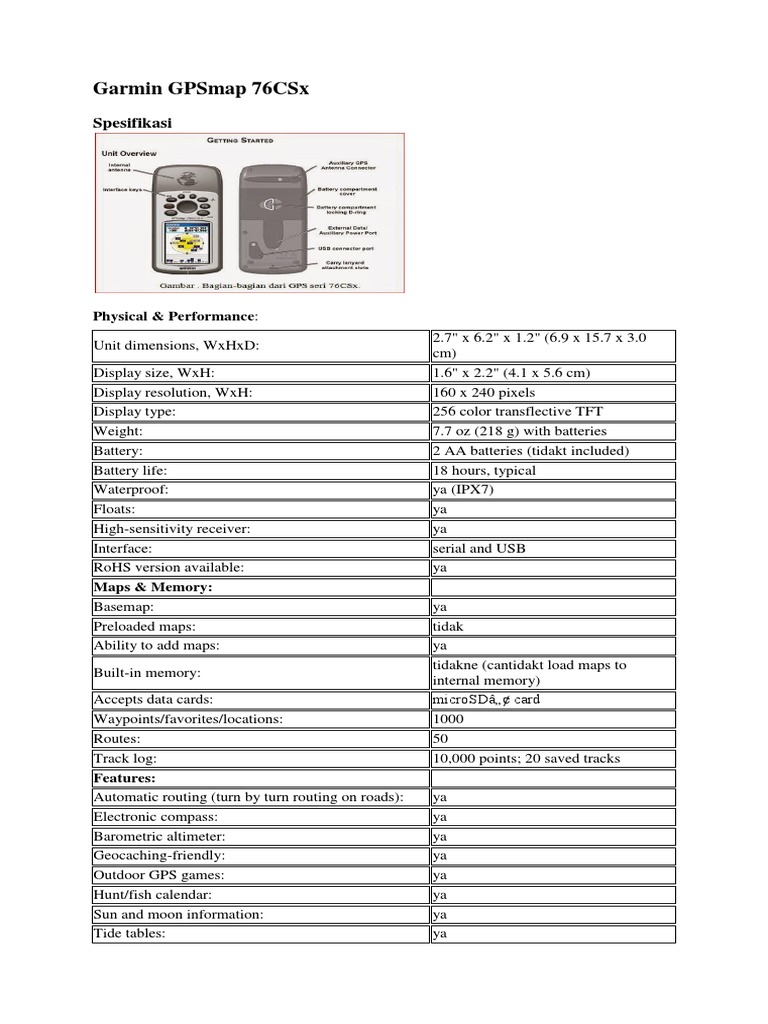 Garmin GPSmap 76CSx: Specs & Usage Guide | PDF | Computers