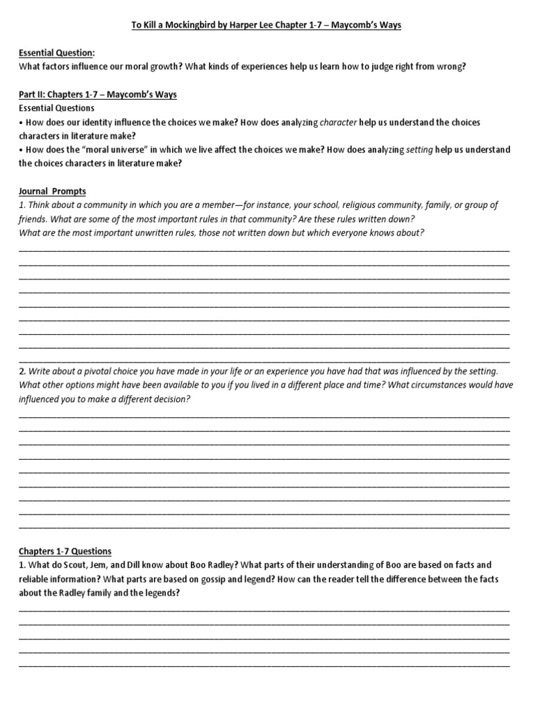 To Kill A Mockingbird by Harper Lee Chapter 1 To 7 Student Handout ...