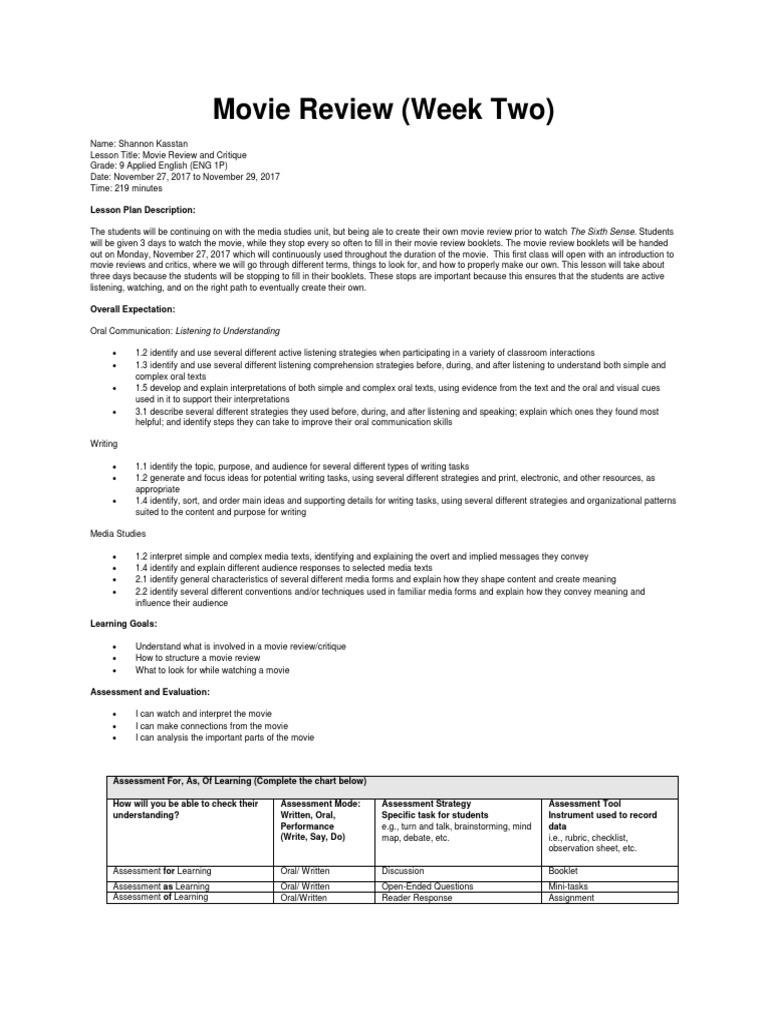 Grade 9 Movie Review Lesson Plan | PDF | Educational Assessment ...