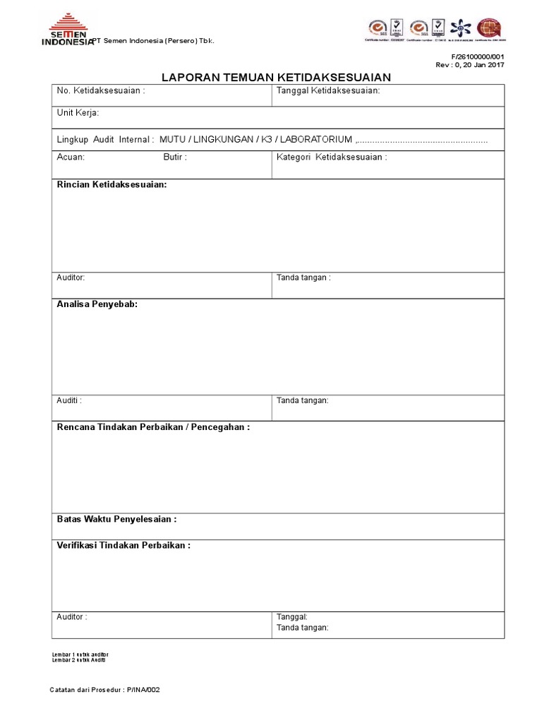 FORM F-01 Laporan Temuan Ketidaksesuaian | PDF