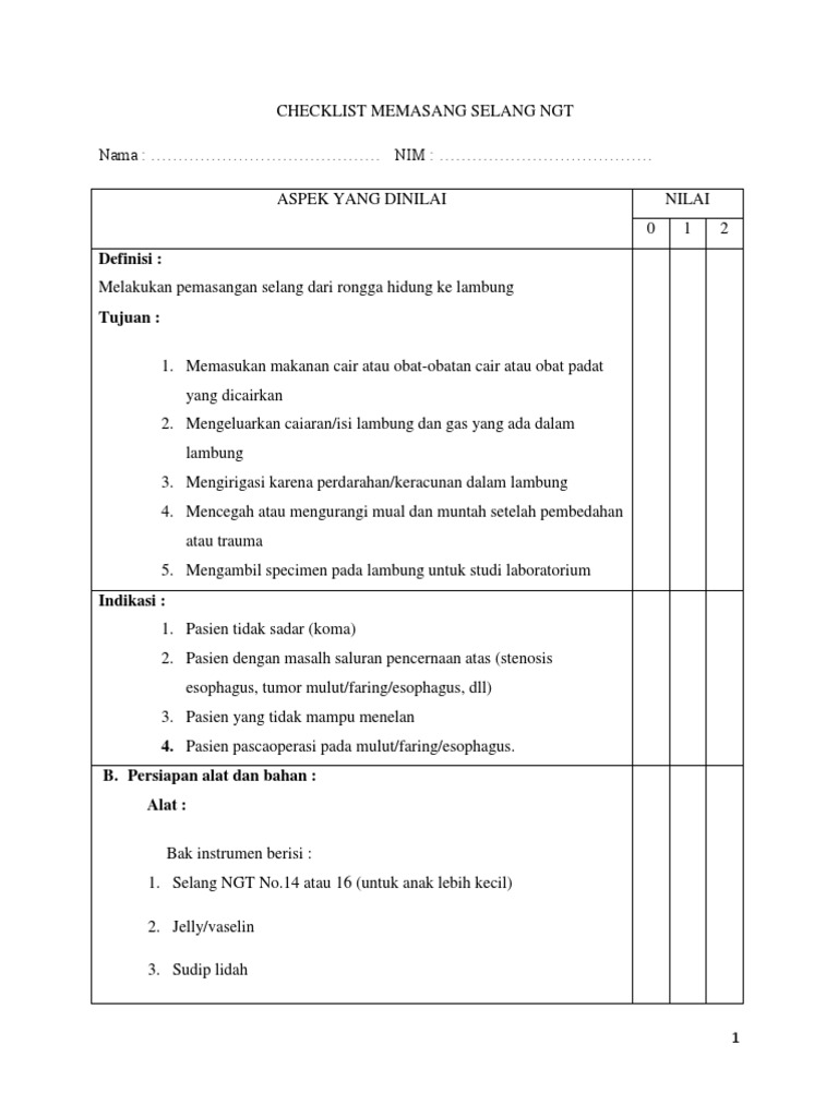 Checklist Memasang Selang NGT | PDF