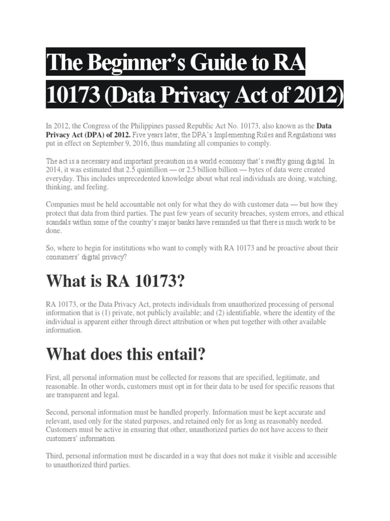The Beginner's Guide To RA 10173 | PDF | Privacy | Personally ...