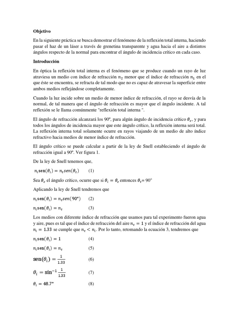 Reflexión Total Interna en Óptica | PDF | Refracción | Reflexión (Física)