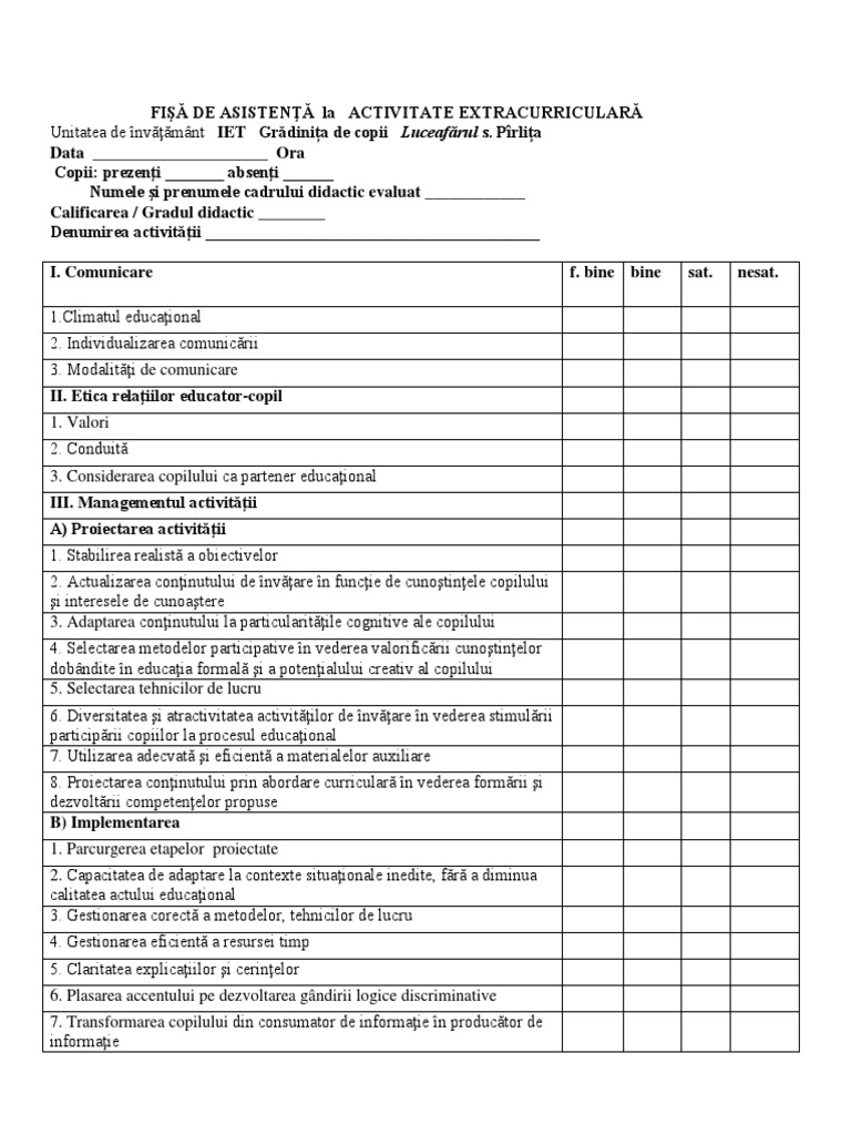 Fisa de Asistenta Activitate Extrascolara | PDF