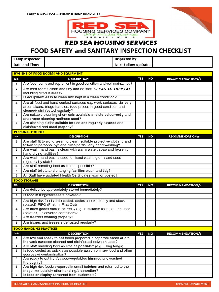 Food Safety, Sanitation, and Hygiene Checklist | Download Free PDF ...