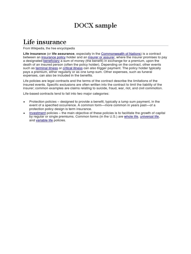 Sample Life Insurance | PDF