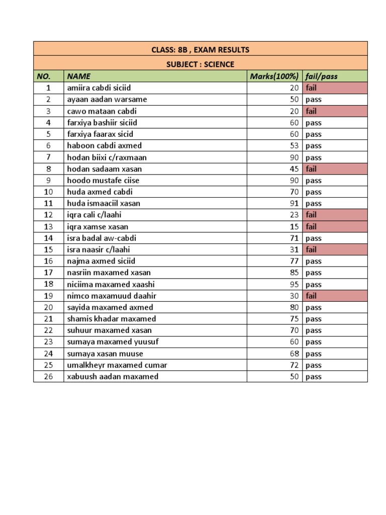 NO. Name Marks (100%) Fail/pass: Class: 8B, Exam Results Subject ...