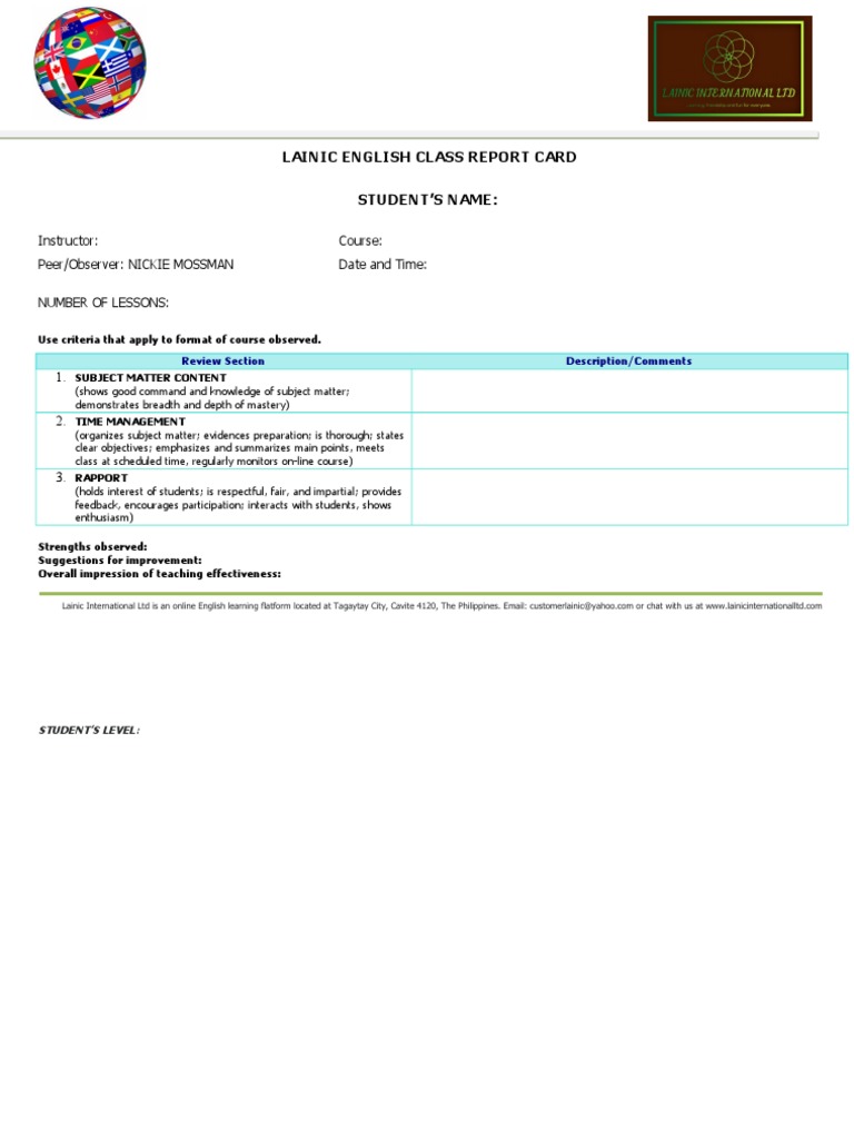 Lainic Class Report Card | PDF