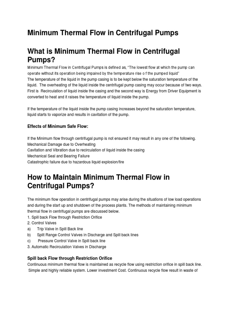 Minimum Thermal Flow in Centrifugal Pumps | PDF | Pump | Valve