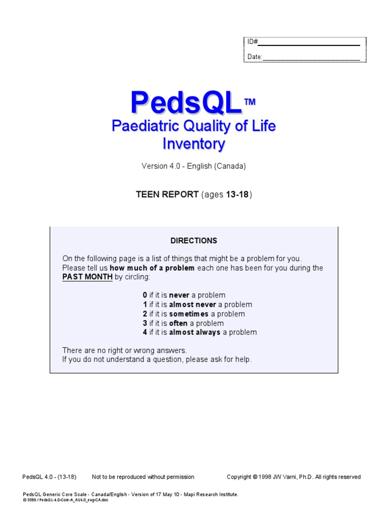 Pedsql 4.0 Core All - Au4.0 - Eng CA Peds QL Okeeee | PDF | Feeling ...