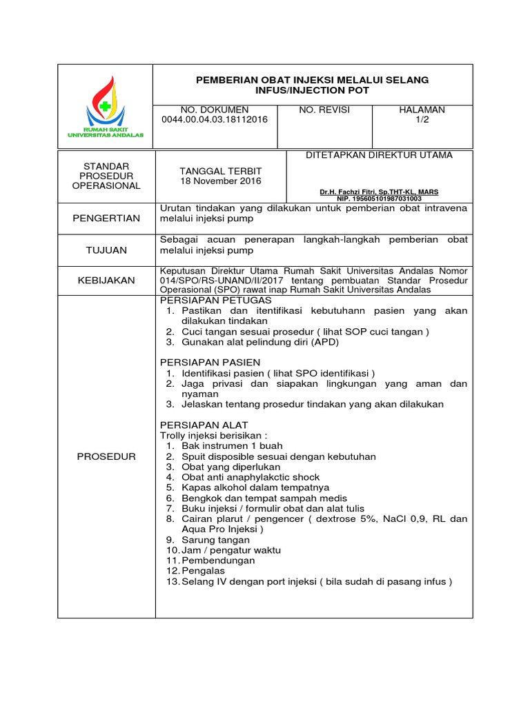 SPO Pemberian Obat Injeksi Melalui Selang Infus | PDF