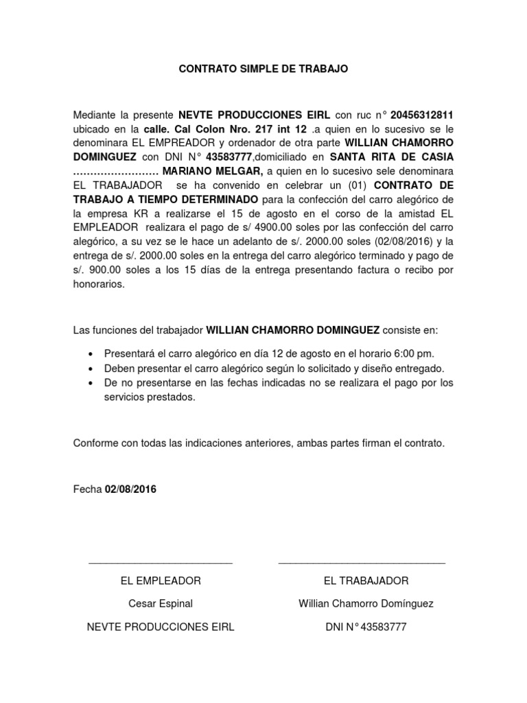 Contrato Simple de Trabajo 2 | PDF