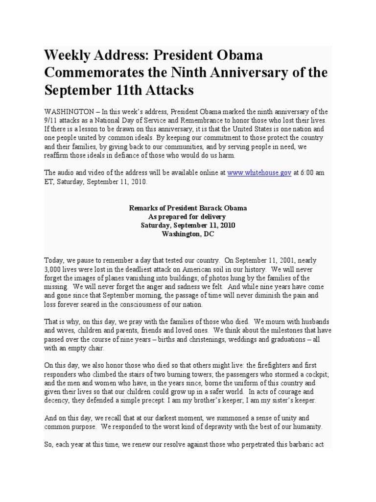 Weekly Address: President Obama Commemorates The Ninth Anniversary of ...