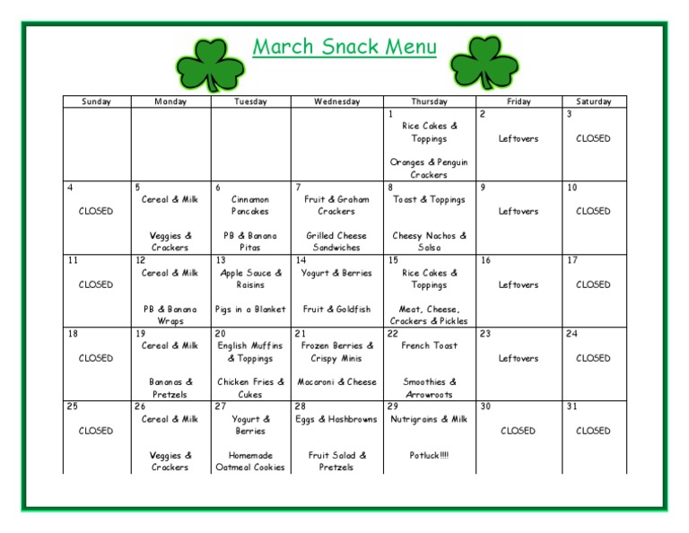 March Snack Menu Overview | PDF | Pancake | European Cuisine