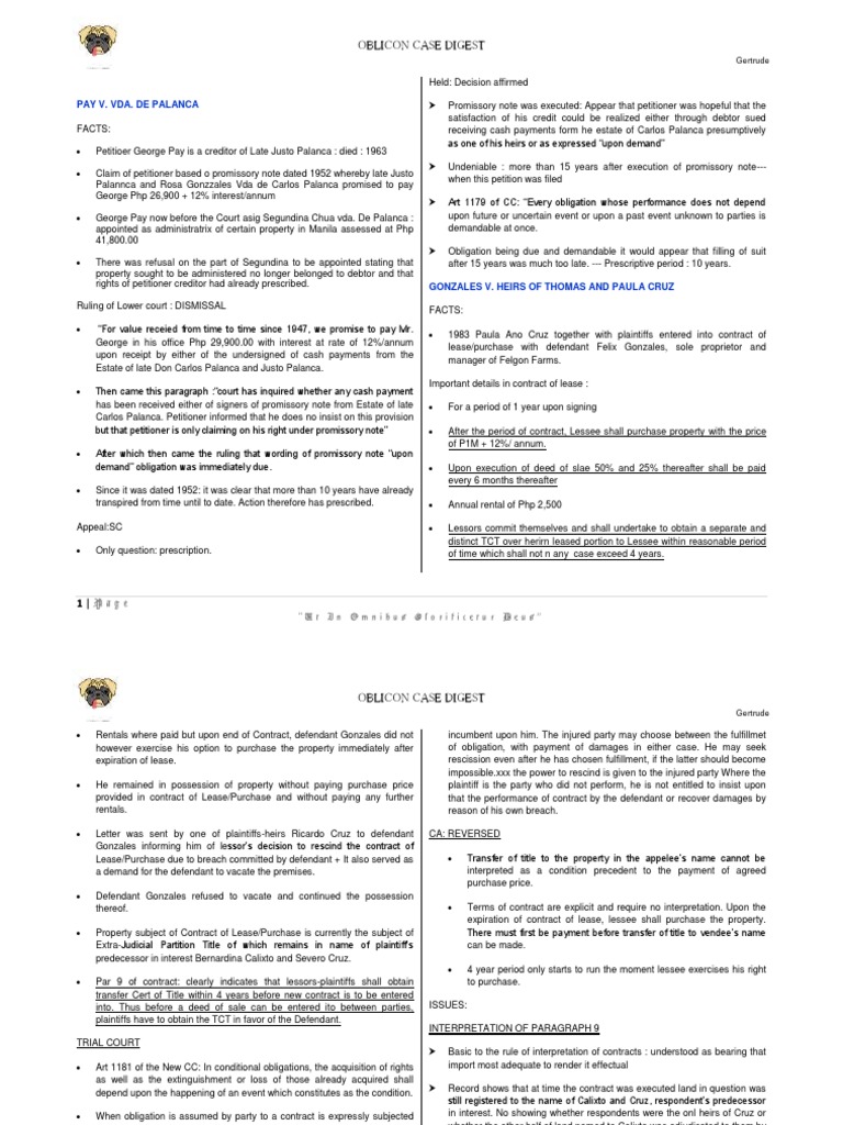 Oblicon Case Digest: Pay V. Vda. de Palanca | PDF | Lease | Foreclosure