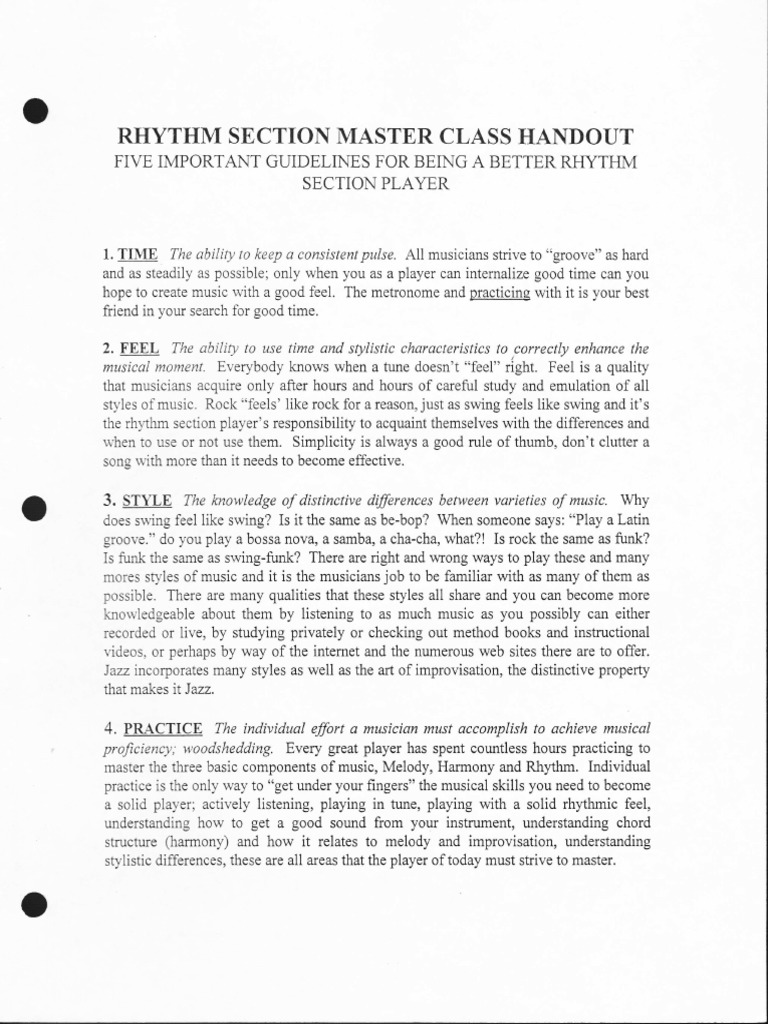 Rhythm Section Masterclass Handout 1 | PDF | Jazz | Drum Kit