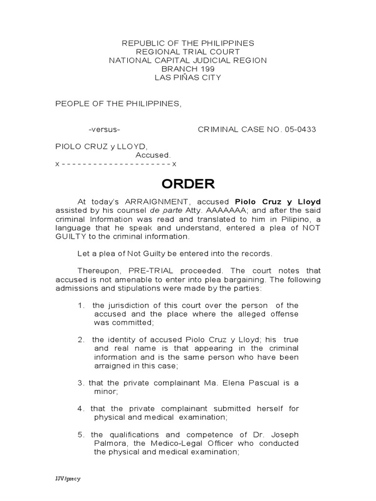 Pracourt Arraignment Pre Trial Order | PDF | Plea | Arraignment