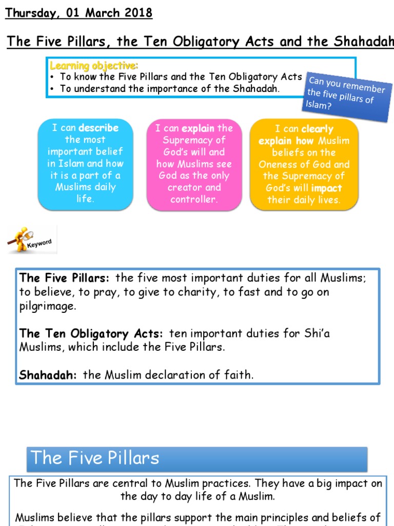 The Five Pillars, The Ten Obligatory Acts and The Shahadah | PDF | Shia ...