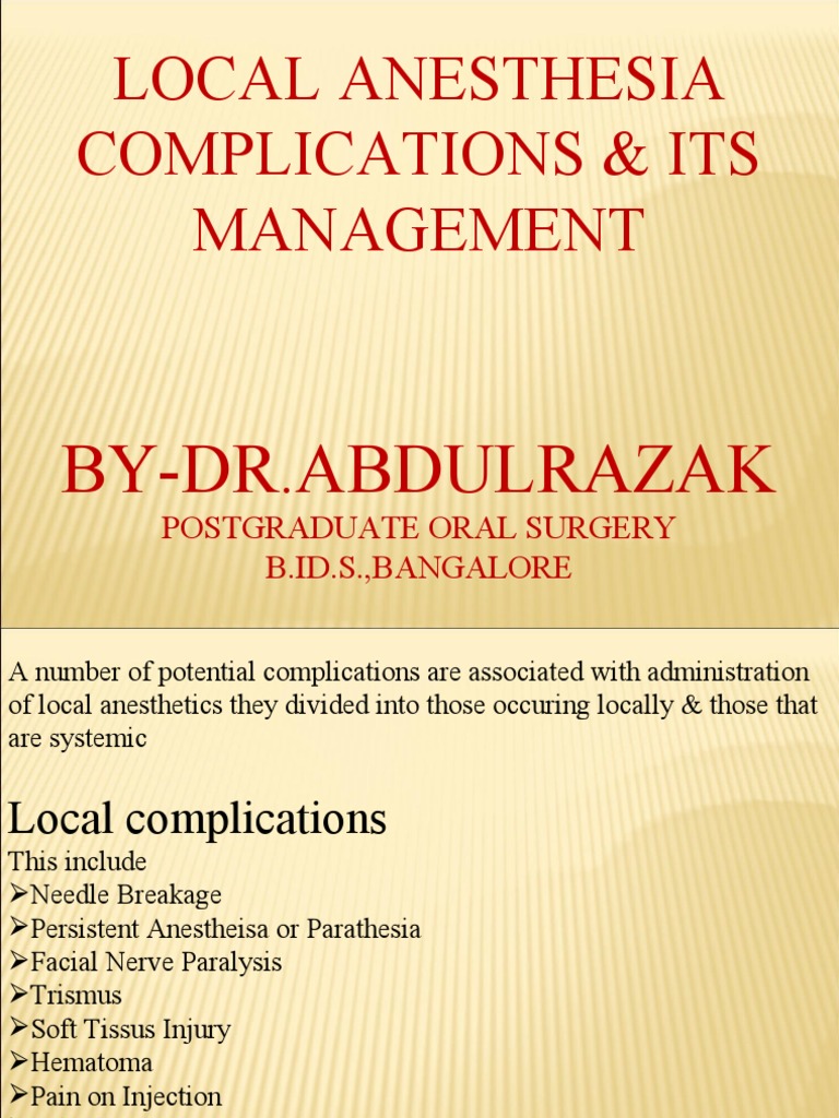 Local Anesthesia Complications Management | PDF | Injection (Medicine ...