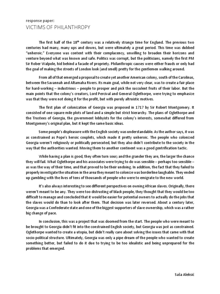 Victims of Philanthropy: Response Paper | PDF